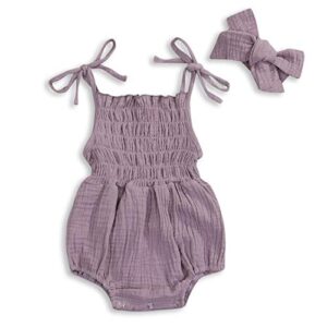 kcsllca baby girls sleeveless romper set solid color sling backless jumpsuit outfits with headband (purple, 0-3 months)