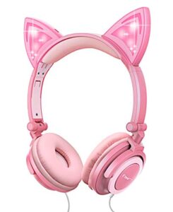 esonstyle cat ear headphones for kids, wired kids headphones with led light up, 85db volume limited, foldable 3.5mm jack headphones for school/travel/ipad/tablet (peach)