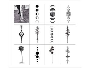 sanerlian black geometry tree tattoo sticker moon phase arrow temporary fake tatoo waterproof men women arm shoulder back body art 13.8x4cm set of 12 (sf031)