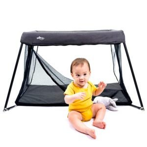 uniplay baby foldable travel crib, portable toddler playpen with carry case and side zipper design for easy access