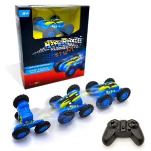 mukikim hyper runner stunt - blue – remote control race car rocks super high-speed stunts & moves! 360° spins & double-sided runs with fun light! quick usb charge. not your normal rc car!