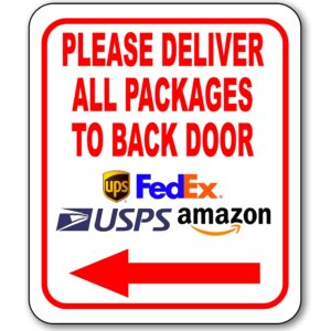 please deliver all packages to back door left arrow aluminum composite sign delivery instructions for my packages from amazon, fedex, usps, ups - indoor outdoor signs for home - 8.5"x10"