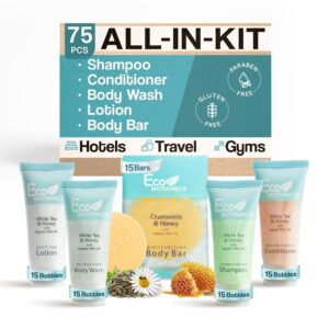 eco botanics hotel soaps and toiletries bulk set | 1-shoppe all-in-kit amenities |0.85oz shampoo & conditioner, body wash, body lotion & 0.89oz bar soap travel size | 75 pieces