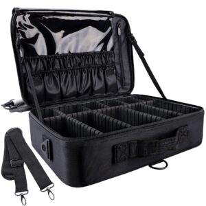 gzcz large capacity travel makeup train case 16.5 inches professional makeup cosmetic case portable artist cosmetics brushs organizer storage bag with adjustable dividers and shoulder strap (black)