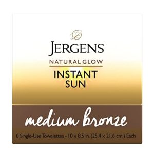 jergens natural glow instant sun sunless tanning towelettes, single-use self tanner wipes for flawless, natural-looking color, 6 count