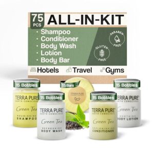 terra pure hotel soaps and toiletries bulk set | 1-shoppe all-in-kit amenities for hotels | 1oz hotel shampoo & conditioner, body wash, body lotion & 1.25oz bar soap travel size toiletries | 75 pieces