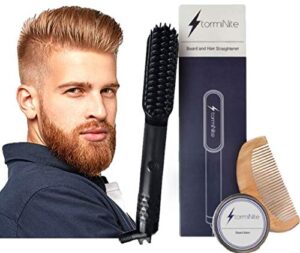 beard straightener brush w/free beard balm & comb, premium hair straightening brush kit, heated beard comb, 3-heat settings, fast heat beard brush for men - storminite