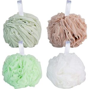 saragan shower loofah - large exfoliating bath sponge - shower bath puff for men & women to lather & cleanse skin- pouf body scrubber made w/ 80g mesh - helps use less soap (4-set assorted)