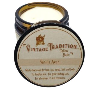 vintage tradition beef tallow all purpose balm – healing, hydrating mild vanilla skin care salve replaces body lotion, hand cream, more – essential oil, olive oil, and grass-fed tallow, 2 fl. oz.