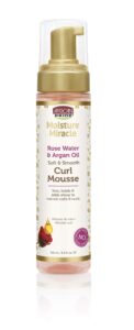 african pride moisture miracle rose water & argan oil curl hair mousse, flexible hold, enhances curls, creates wave patterns, no residue, deep moisture, adds shine, strengthens & protects hair, 8.5 oz