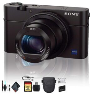 sony cyber-shot dsc-rx100 iv camera dscrx100m4/b with soft bag, additional battery, 64gb memory card, card reader, plus essential accessories