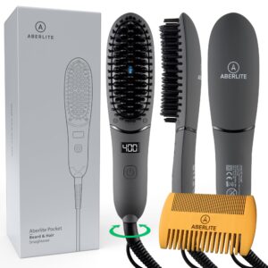 aberlite pocket - compact beard straightener for men - ionic & anti-scald technology - beard straightening heat brush comb ionic - for home and travel