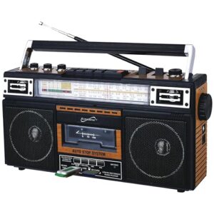 supersonic sc-3201bt 4 band radio & cassette player boombox, bluetooth speaker, am/fm/sw radio with mp3 playback, usb & sd card, 3 band eq and earphone jack