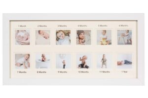 wood side orbis first year newborn baby collage keepsake picture frame for photo memories with double beige mat and twelve 2.5x2.5 slots - white