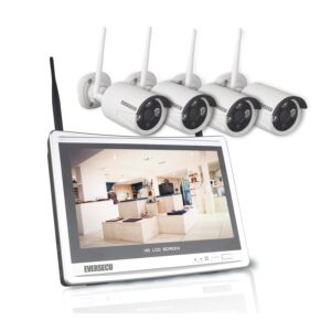 [8ch expandable] 2k 3mp home security cameras system with 12 inch monitor & nvr combo surveillance kits, 8 channel cameras cctv system with 4pcs wireless video 3.0mp ip cameras,free app(no hdd)