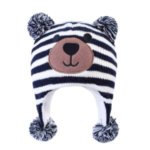 langzhen toddler kids infant winter hat,earflap knit warm cap fleece lined beanie for baby boys (bear -navy stripe, s(46-48cm/18.11"-18.9"))