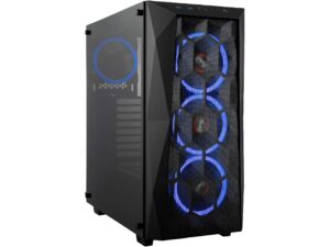 rosewill spectra x-blue atx mid tower gaming pc computer case, supports 240mm & 360mm liquid coolers, 4 dual-ring blue led fans, steel airflow mesh, tempered glass