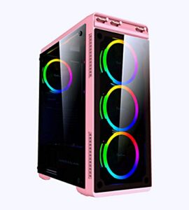 apevia aura-s-pk mid tower gaming case with 2 x full-size tempered glass panel, top usb3.0/usb2.0/audio ports, 4 x rgb fans, pink frame