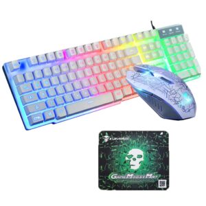 axiba waterproof gaming keyboard mouse sets usb wired 104 keys skull rainbow led backlit multimedia ergonomic gamer keyboard 2400dpi 6 buttons optical professional game mice + mouse pad (skull white)