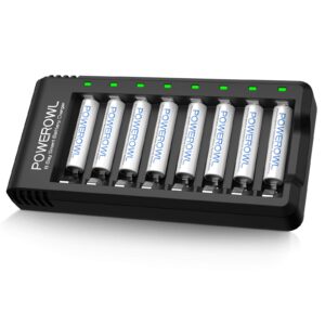 powerowl rechargeable aaa batteries with charger, advanced individual cell battery charger, high capacity low self discharge ni-mh triple a batteries -qty8