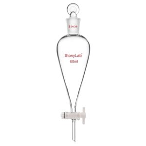 stonylab ptfe stopcock separatory funnel 60ml, borosilicate glass heavy wall conical pear-shaped separatory funnel separation funnel with 24/29 joint