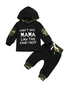 walsoner baby boy clothes funny letter printed long sleeve hoodie tops sweatsuit and black camouflage pants outfit set （18-24 months）