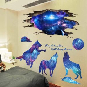 3d blue starry sky wolf moon wall decals removable pvc magic 3d milky way outer space planet wall sticker peel stick home decor for kids baby bedroom boys girls nursery room ceiling living room