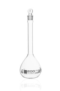 eisco volumetric flask, 200ml - class a, astm - tolerance ±0.100 ml - glass stopper - single, white graduation