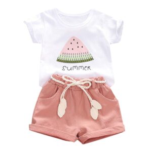 younger tree toddler baby girls clothes watermelon t-shirt + linen shorts with belt cute summer short set (pink, 3-4 t)