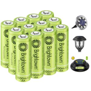 brightown 12-pack rechargeable aa batteries - 1000mah 1.2v nimh high capacity batteries - ideal for solar lights & home devices, recharge up to 1000x times, pre-charged