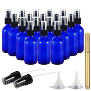 ruckae 2 oz glass spray bottles-18 piece set - with funnel and gold glass pen,black fine mist sprayers (blue)