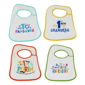 hello baby wonder first chanukah, passover, purim, & birthday bib set - 4pk