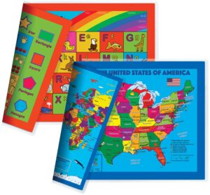 natural learning children's placemat (one 4-in-1 alphabet, numbers, shapes, colors and one usa/usa centered world (2 pack))