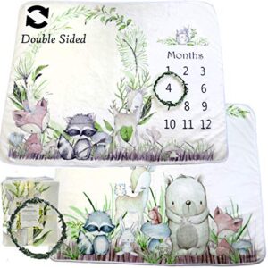 woodland friends double sided baby milestone monthly blanket, forest photo prop boy & girl, large soft 310 gsm fleece blanket for animal nursery and baby registry/shower