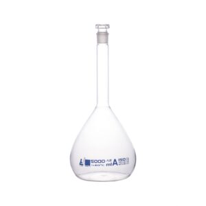 eisco volumetric flask, 5000ml - borosilicate glass - class a - hexagonal hollow glass stopper - single blue graduation