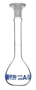 volumetric flask, 25ml - class a, astm - tolerance ±0.03ml - polypropylene stopper - single, white graduation - borosilicate glass - eisco labs