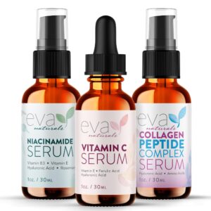 natural firm & glow skincare set of 3 serums – skin care products with 20% vitamin c serum, peptide complex serum, niacinamide vitamin b3 serum - peptides serum for face - face serum by eva naturals