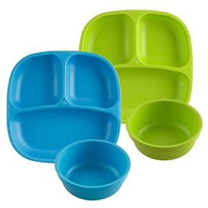 re-play made in usa 4pk starter dining set of 2 divided plates with 2 matching bowls in sky blue and lime green - made from environmentally friendly heavyweight recycled milk jugs