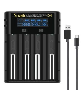 18650 battery charger, snado universal smart charger lcd display for 3.7v lithium ion rechargeable batteries 18650 21700 18490 17500 16340 14500 rcr123 and 1.2v ni-mh/ni-cd aa aaa c battery (4 slots)