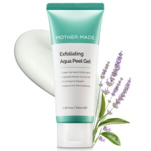 mother made exfoliating vegan facial peeling gel with green tea, vitamin e, hyaluronic acid, 3.38 fl. oz.| gentle natural face scrub exfoliator, cleansing, physical peel, korean skincare