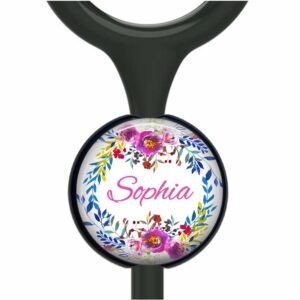 pink floral stethoscope name tag personalized - adjustable tube id label - you choose custom fonts, design size and decorative frame