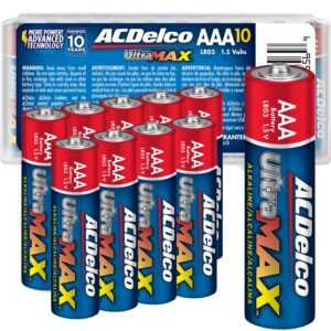 acdelco ultramax 10-count aaa batteries, alkaline battery with advanced technology, 10-year shelf life, recloseable packaging