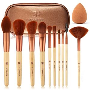 seprofe makeup brushes, 10pcs make up brushes set, premium synthetic kabuki powder foundation contour blush concealer eye shadow blending liner makeup brush kit with organizer bag and makeup sponge