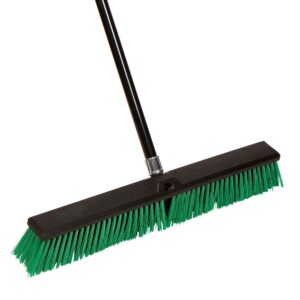 tidy tools 24'' push broom outdoor with long handle wide stiff bristles heavy-duty brush commercial shop broom for cleaning garage kitchen patio bathroom deck concrete wood stone tile floor, green