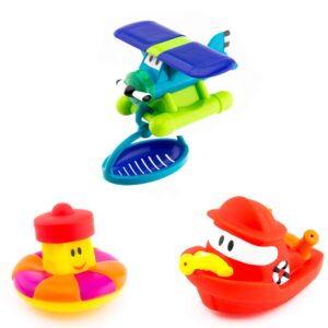 sassy harbor town rescue set, 4 pieces include squirter, strainer, and a buoy that lights up in the water, ages 6+ months