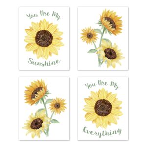 sweet jojo designs yellow, green and white sunflower boho floral wall art prints room decor for baby, nursery, and kids - set of 4 - farmhouse watercolor flower, you are my sunshine