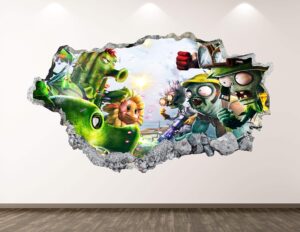 plants vs zombies wall decal art decor 3d smashed kids game sticker mural nursery boys gift bl14 (22"w x 14"h)