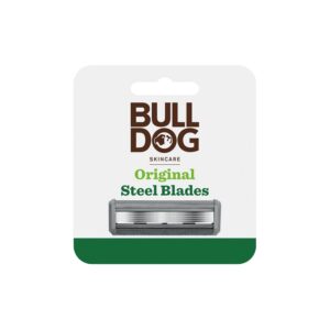 bulldog skincare original men's razor refills, with 5 tempered steel blades on each of the four refill blades, works with all bulldog reusable razor handles, 4 pack