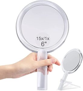 b beauty planet handheld mirror with handle double sided, 1x/15x magnifying hand mirror for women, hand held mirror with adjustable stand, 6"