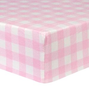 pink and white buffalo check deluxe flannel fitted crib sheet-buffalo check print, cotton flannel, pink, white, fully elasticized, 10 in deep pockets, fits standard crib mattress 28 in x 52 in